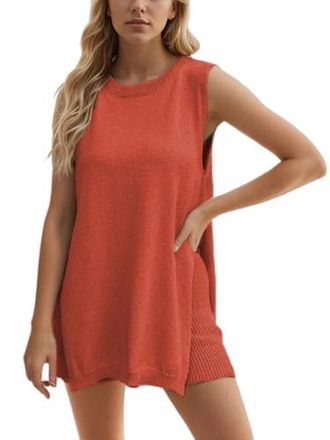 Generic Tenue tricot&eacute;e 2 pi&egrave;ces pour femmes, coupe d&eacute;contract&eacute;e, chandail sans manches avec d&eacute;bardeur et pantalon court &agrave; jambe ajust&eacute;e, vert taille XL pour u