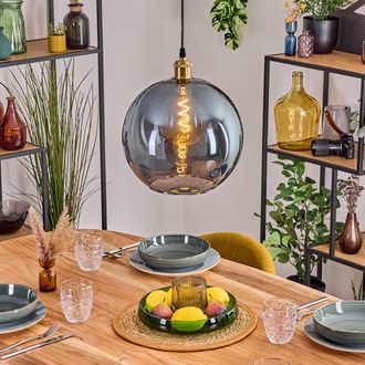 HOFSTEIN Hängeleuchte Koyoto, 1-flammige Hängelampe aus Metall/Glas in Gold/Blau, moderne Pendelleuchte im Retro/Vintage-Design (Schirm Ø 30 cm), E27, Esszimme