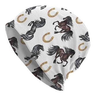Generic Bonnet en Tricot Chevaux Et Fers À Cheval Souple Beanie Tricoté Unisexe Casquette Docker pour Hiver Femme