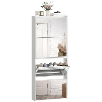 HOMCOM Platzsparender schlanker Schuhschrank mit 4 Spiegelklappt&uuml;ren, Eingangsschuhschrank mit oberem Regal, Holzschuhschrank f&uuml;r 12 Paar Schuhe mit Griff, 6