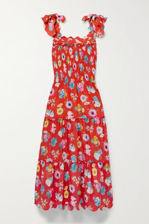 Horror Vacui Isa Midikleid Aus Baumwolle Mit Blumenprint Und Wellenkanten - Rot