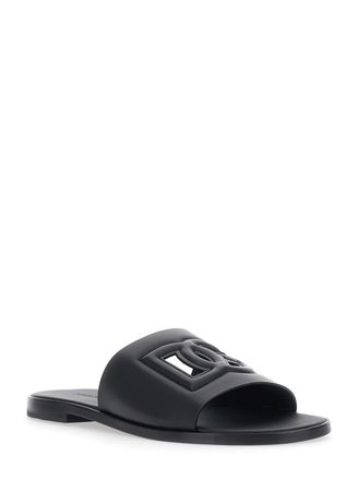 Dolce & Gabbana Mens Sandals With Cut-Out Logo, Black Leather Calf