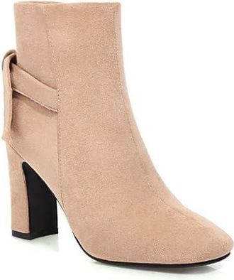 Generic Bottines tendance à bout carré pour femme - Fermeture éclair latérale avec noeud élégant - Chaussures dhiver à talon haut, beige, 40.5 EU