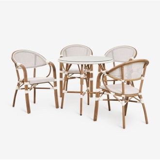 Sklum Brielle Bistro-Set mit 80 cm rundem Tisch und 4 stapelbaren Aluminium-Gartenst&uuml;hlen mit Armlehnen Gardenia Wei&szlig; - Sklum