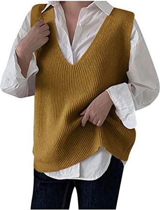 Generic Pull d&eacute;contract&eacute; sans manches avec col en V et maille c&ocirc;tel&eacute;e pour femme, jaune, Taille unique
