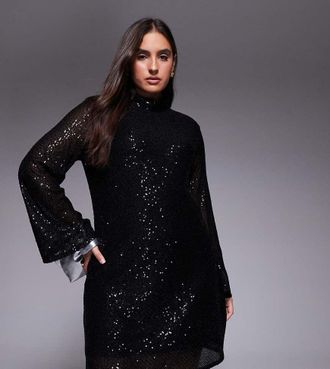 Jaded Rose Plus Robe courte ornée de sequins avec dos bénitier et col montant - Noir