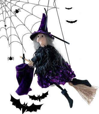 Generic Halloween-Figur - tragbarer Plüschstoff, niedliches Hexendekor | mittelgroße fliegende Hexe mit Besen-Charakteristik, Dekoration für Schreibtische, Zu