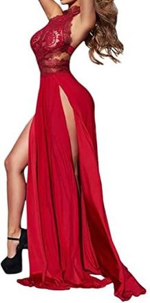 ORANDESIGNE Robe de Soirée Longue Femme avec Ruchés Classique Fendue Robe de Soirée Dentelle Patchwork à Paillettes Empire Élégante A Rouge XS