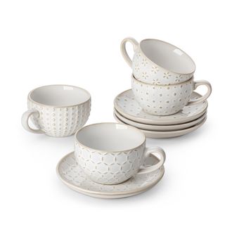 Malacasa Kaffeetassen Set mit Untertasse 8 tlg, Kaffeetassen und Untertassen 4 Personen, Steingut Kaffeeservice, Tassen Mit Relief 150ml, Serie LYDIA Beige(150