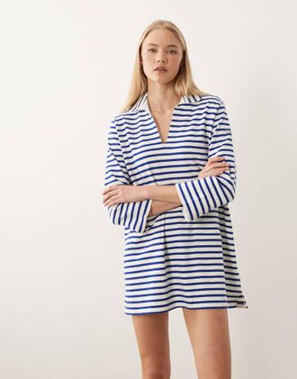 Polo Ralph Lauren Robe tunique en maille &agrave; rayures - Blanc et bleu