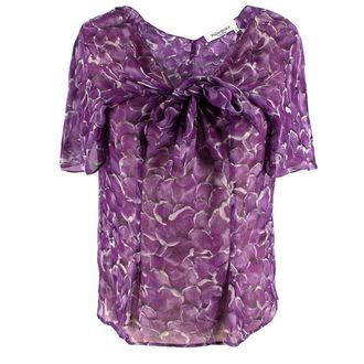 Saint Laurent Purple Floral-print Silk Blouse Size XS