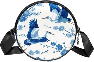 Generic Sac &agrave; bandouli&egrave;re rond pour femme, petit sac &agrave; bandouli&egrave;re avec fermeture &eacute;clair et bretelles r&eacute;glables - Style d&eacute;contract&eacute; - Motif grue bleue