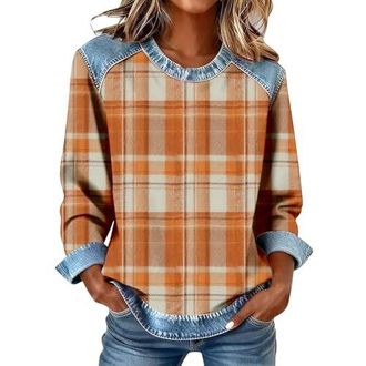 Generic Chandails en denim patchwork vintage pour femme - Chemise en jean surdimensionn&eacute;e &agrave; col ras du cou - Pull &agrave; manches longues - Haut tendance - Printemp