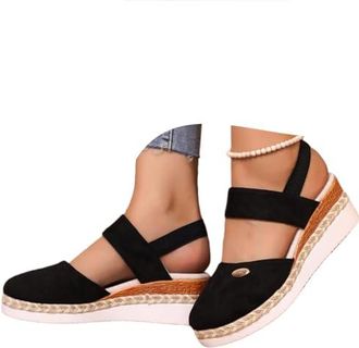 Generic Sandales compens&eacute;es &agrave; bout ferm&eacute; pour femme, espadrilles &agrave; talons bas, semelle compens&eacute;e &agrave; bout ferm&eacute;, &eacute;lastique, coupe large, sangle de cheville r&eacute;gl