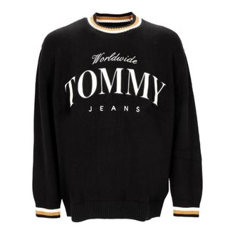 Tommy Hilfiger Leichter Crewneck Pullover Boxy Varsity Schwarz - - Knitwear - Herren - Schwarzk - XL
