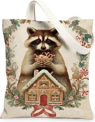 Generic Sacs fourre-tout en toile de raton laveur de No&euml;l, motif animal mignon pain d&eacute;pices, sacs d&eacute;picerie r&eacute;utilisables, sacs d&eacute;picerie vintage, l&eacute;gers d&eacute;la