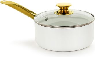 Holstein Housewares Wei&szlig;er Keramik-Kochtopf mit Deckel, goldfarben und Edelstahlgriff, goldene Eleganz, 3,5 l