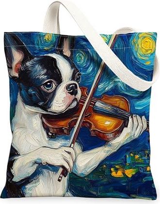 Generic Sac fourre-tout en toile r&eacute;utilisable pour le shopping Motif terrier de Boston 33 x 38 cm, motif violon nocturne &eacute;toil&eacute;, sac d&eacute;picerie pour femme, ani