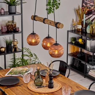 HOFSTEIN Pendelleuchte Ripoll, H&auml;ngelampe aus Metall/Holz/Riffelglas in Schwarz/Natur/Kupfer, moderne H&auml;ngeleuchte Retro/Boho mit Glasschirmen und Holzbalken, 