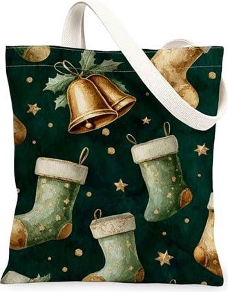 Generic Sacs fourre-tout en toile de vacances, chaussettes festives et cloches, sacs de courses r&eacute;utilisables, style rustique, vintage, lavable, bandouli&egrave;re e