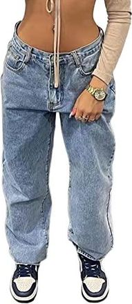 ORANDESIGNE Jeans Cargo Vintage Femmes Hip Hop Y2K Jeans Baggy Pantalon Droit en Denim Délavé Décontracté Imprimés Pantalon de Skateboard Harajuku Streetwear I Bl