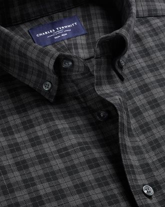 CHARLES TYRWHITT B&uuml;gelfreies Twill-Hemd mit Karos - Grau & Schwarz