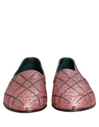 Dolce & Gabbana Mens Pink Check Glitter Lurex Logo Loafers Shoes Leather
