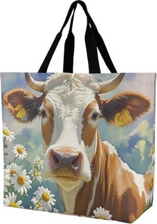Generic Vache &Agrave; LAquarelle Et Marguerite Sac Fourre Tout Imperm&eacute;able Sacs De Courses Grand Sac Courses Pour Voyage Universit&eacute; Gym