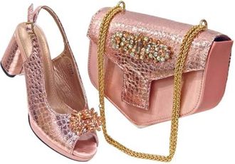 Generic Chaussures à talons pour femme avec strass marron et sac assorti pour fêtes et mariages, pêche, 41 EU