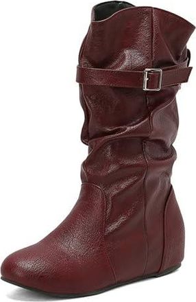 Generic Bottes déquitation vintage pour femme, style western cowgirl mi-mollet plissé, bout rond, talon compensé caché, Rouge bordeaux/blanc, 35 EU