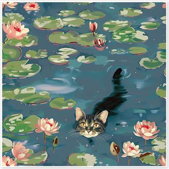 Posterlounge Monet Katze und Seerosen Poster von Felipe Hora 40 x 40 cm Blau Wandbilder Wanddeko