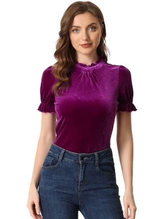 Allegra K Damen Bluse Samt Kurzarm R&uuml;schenkragen Velvet Elegant Oberteile Lila S