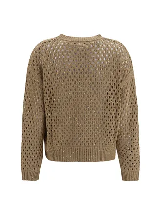 Max Mara Womens Open Knit Cotton Sweater With Sequins Cammello T-Shirts And Polos