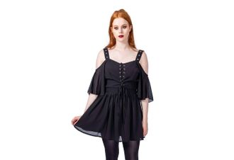 Poizen Industries Minikleid Catastrophe Schulterfrei Gothic Chiffon Schn&uuml;rung Tr&auml;ger