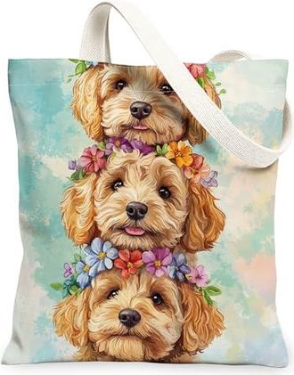 Generic Sac fourre-tout en toile motif chien griffonn&eacute; dor&eacute; pour le shopping, 33 x 38 cm, sac &agrave; bandouli&egrave;re r&eacute;utilisable pour femme, peinture danimaux domesti