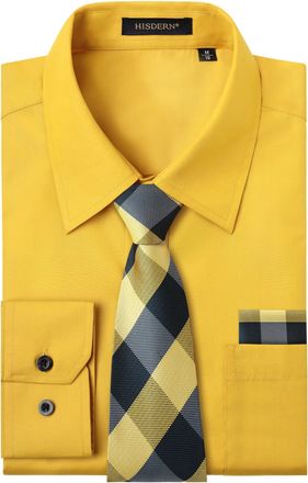 Hisdern Herrenhemd Gelb Langarm Freizeit Hemd mit Krawatte Set Hochzeit Party Anzug Hemd Männer Regular Fit 3XL