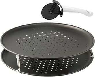 Zenker 7512 Set de 2 plaques &agrave; pizza perfor&eacute;e et une roulette &agrave; pizza, plaque a pizza, plaque cuisson pizza surgel&eacute;e, plat pizza, plaque de cuisson perfor&eacute;e,