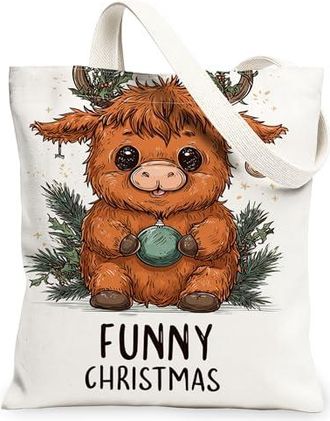 Generic Sacs fourre-tout en toile avec motif animal amusant de No&euml;l, sacs d&eacute;picerie r&eacute;utilisables, l&eacute;gers et lavables avec bandouli&egrave;re, blanc, 13x15 Inch