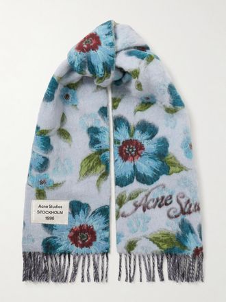 Acne Studios &Eacute;charpe En Laine M&eacute;lang&eacute;e Bross&eacute;e &Agrave; Imprim&eacute; Fleuri, Appliqu&eacute; Et Franges - Bleu