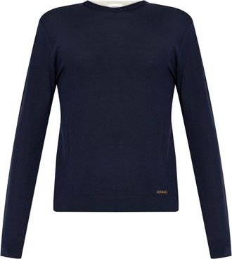 Versace Homme, Pulls, Bleu, Taille: 2XL Pull Ras du Cou en Laine Tricot&eacute;e Brod&eacute;