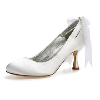 Generic Chaussures De Mari&eacute;e Escarpins pour Femme Satin&eacute;e Talon Moyen Slip-on Rond Chaussures De Mariage De F&ecirc;te 7Cm,Ivory White,40 EU