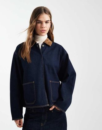 Vero Moda Barn-Jacke aus Denim in mittlerem Jeansblau mit Kragen aus Wildlederimitat