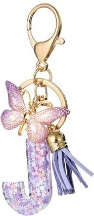 Generic Porte-cl&eacute;s en r&eacute;sine avec pendentif papillon et pompon en forme de lettre de lalphabet A Z pour sac de femme Petit portefeuille pour femme, PP9, taill