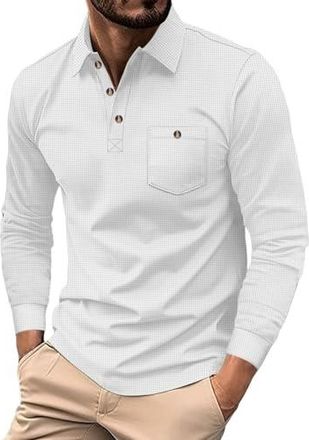 Generic Chemise Henley gaufr&eacute;e, coupe r&eacute;guli&egrave;re, col basculant, manches longues, chemise formelle, t-shirt d&eacute;contract&eacute; avec poche de poitrine, haut de sport d