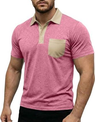 Generic DENGJIAMY Polo patchwork pour homme avec boutons Tredny et col en V - T-shirt d&eacute;t&eacute; &agrave; manches courtes - Chemises de golf pour activit&eacute;s en plein air - 
