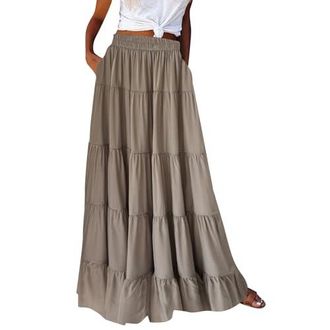 Generic Jupe maxi pour femme smock&eacute;e, taille haute, fluide, volants, ligne A, jupe de plage, jupe en jean, maxi, gris, taille unique