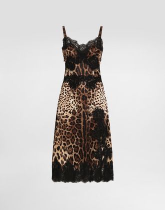 Dolce & Gabbana Midi Slip Dress Aus Leoprint-satin Mit Spitzenbordüre - Frau Kleider Animalprint Baumwolle 42