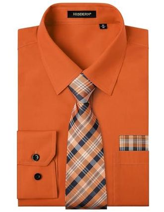 Hisdern Chemise Orange Homme Manches Longues Formelle Chemises Business avec Cravate Habillée Chemise Mariage Casual avec Poche Regular M