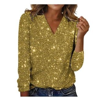 Generic Chemises pour le r&eacute;veillon du Nouvel An, col en V, manches longues, paillettes, haut &agrave; manches longues pour femme, jaune, XXS