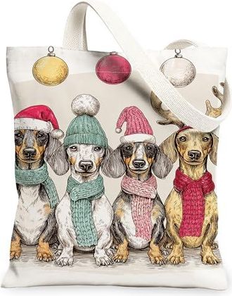 Generic Sacs fourre-tout en toile avec motif de chiens de No&euml;l, adorable illustration danimaux, sacs d&eacute;picerie r&eacute;utilisables, l&eacute;gers et lavables, blanc, 13x15